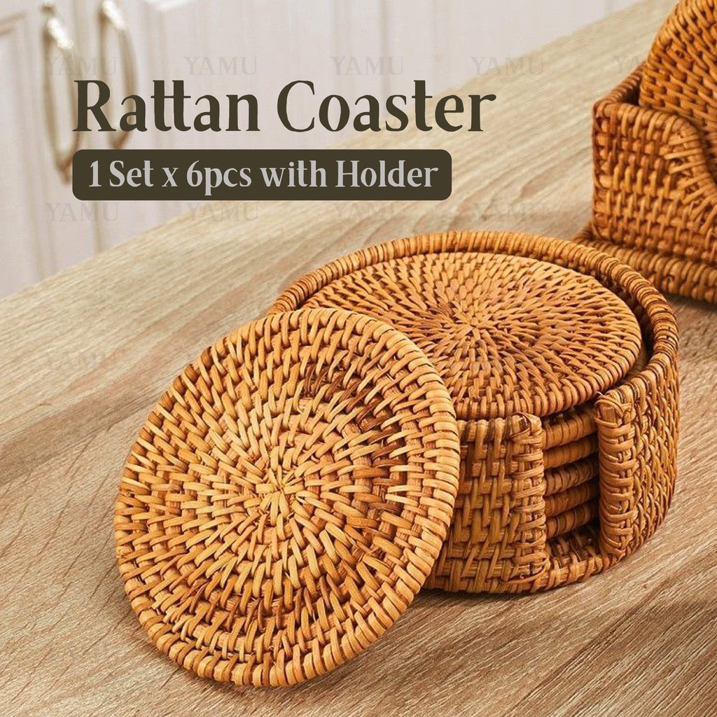 YAMU Rattan Coaster Round Placement Alas Rotan Plates Coaster Rattan ...