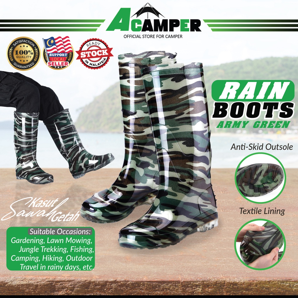 Long Camouflage Rain Boots Army Green Waterproof Rain Shoes Kasut Getah ...