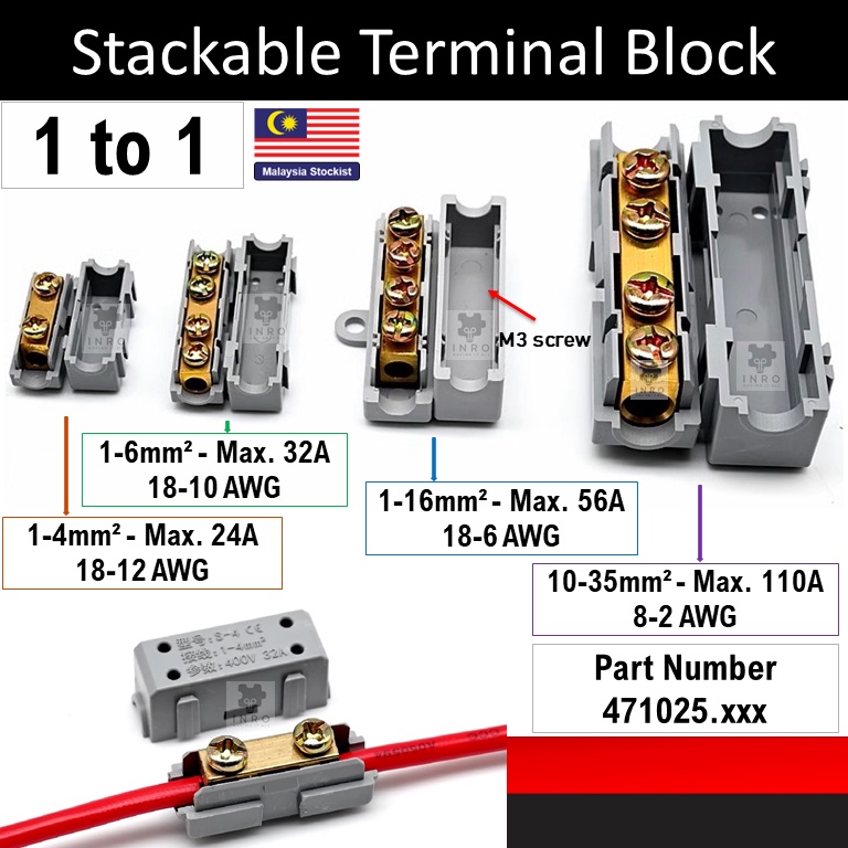 1 to 1 Stackable Terminal Block 4mm2 6mm2 16mm2 35mm2 Penyambung Wayar ...