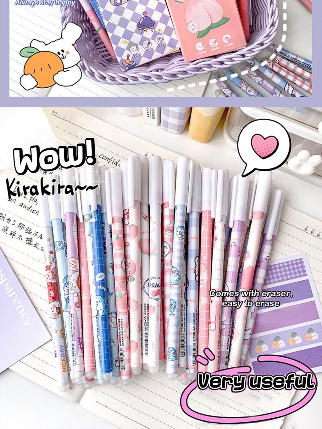 12 Pcs Gel Pens with Various Patterns, Erasable Fine Tip, 0.5mm, Cute ...