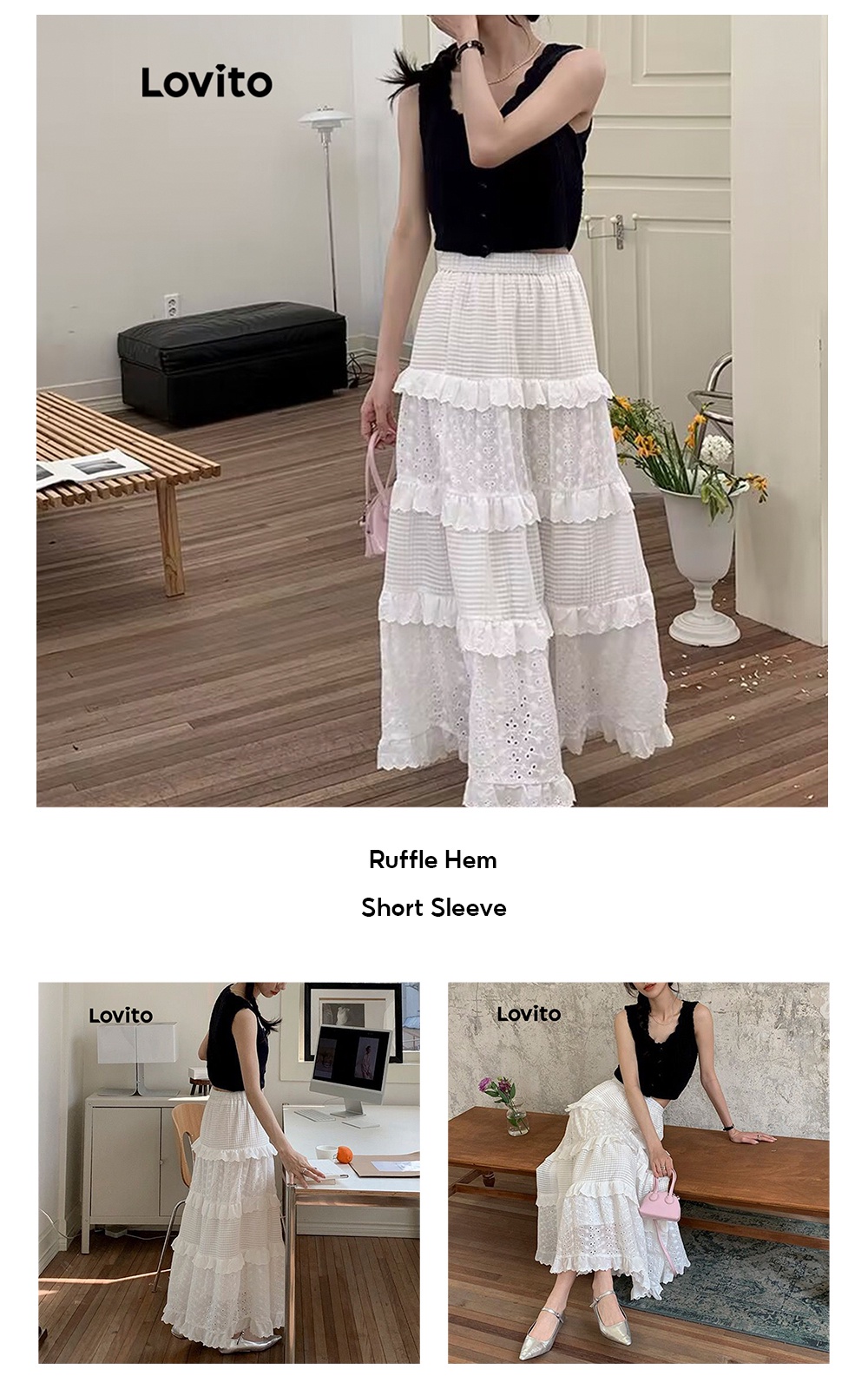 Lovito Casual Plain Ruffle Hem A-Line Midi Skirts for Women LNA10128 ...