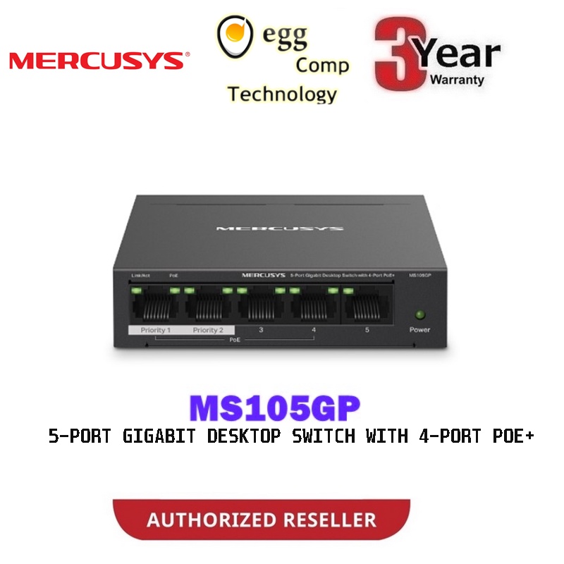 MERCUSYS MS105GP 5-PORT GIGABIT DESKTOP SWITCH WITH 4-PORT POE+ ...