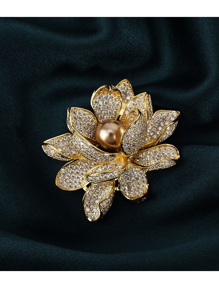 Lotus Flower Brooch Pin Luxury Rhinestone Faux Pearl Corsage Lapel Pin ...