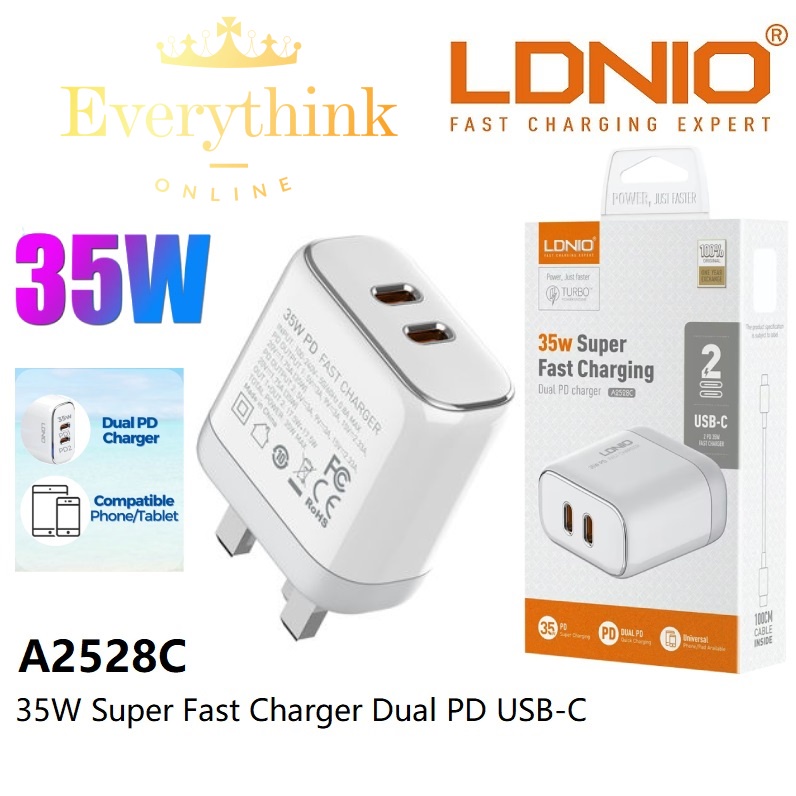 LDNIO A2528C 35W SUPER FAST CHARGE USB CABLE CHARGES POWER ADAPTER DUAL ...