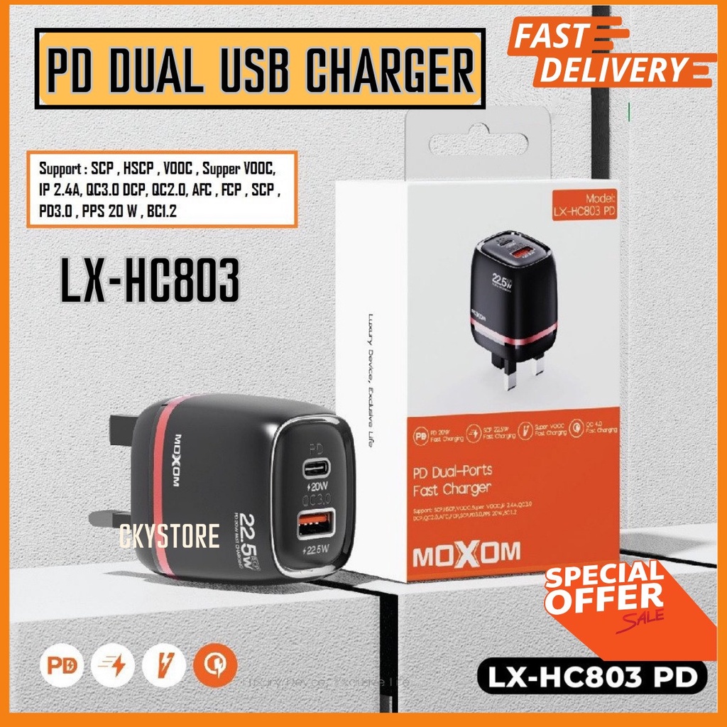 Moxom LX-HC803 PD Dual Port Fast Charger PD20W + SCP 22.5W QC4.0 UK Plug 3 Pin Plug VOOC ...