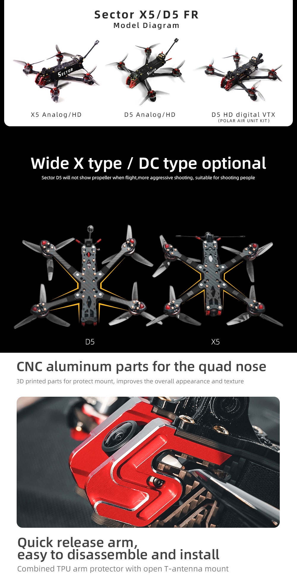HGLRC Sector D5/X5 6S Analog/HD 5 Inch FPV Racing RC Drone w/Zeus F722 ...