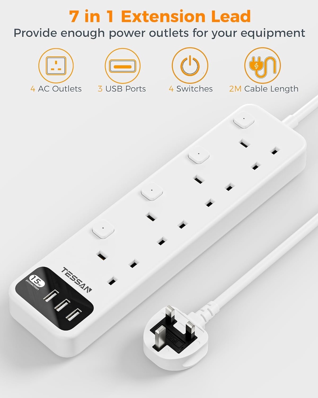 TESSAN Extension Plug Power Socket Extension Cord with 3 USB Slots ...