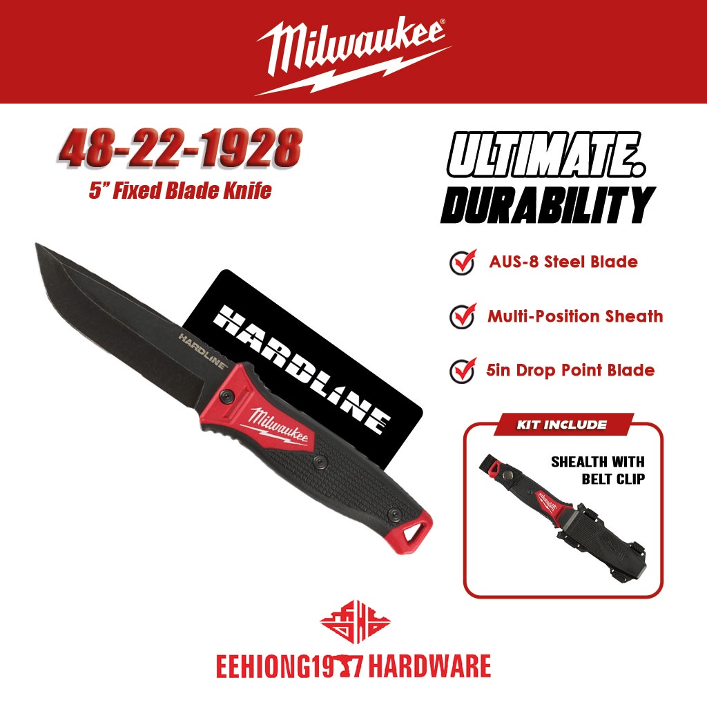 MILWAUKEE 48-22-1928 5" HARDLINE Fixed Blade Knife Include Sheath With ...