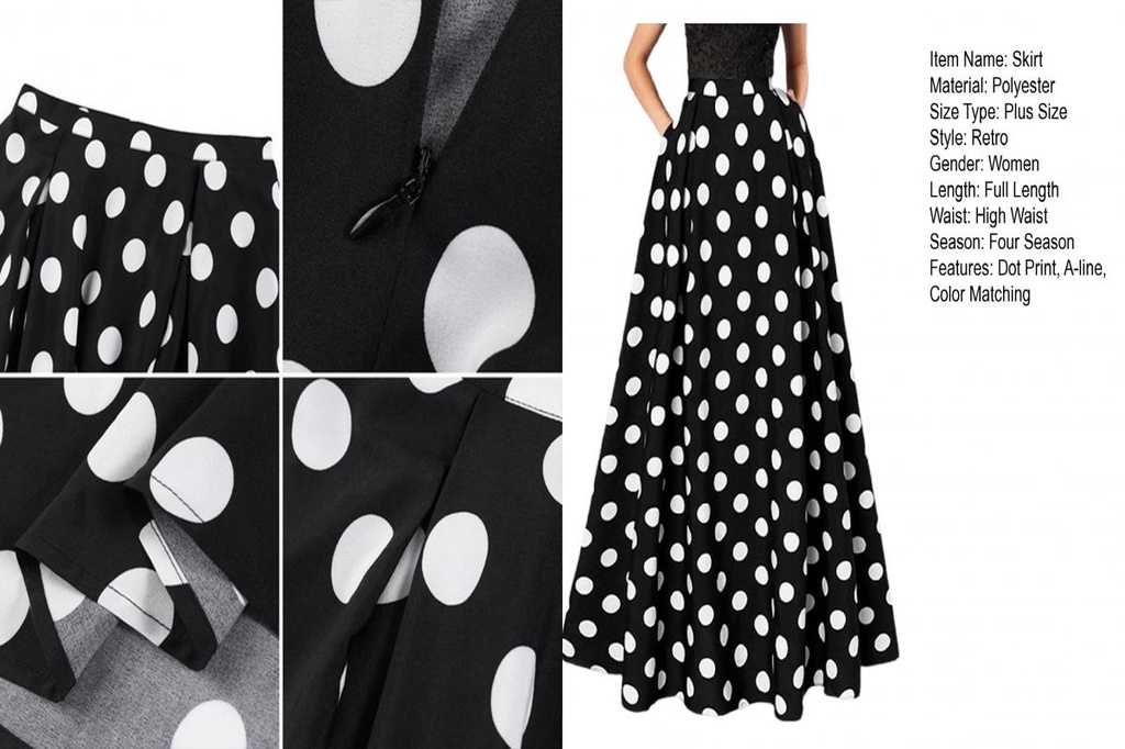 RR Dot Print Skirt High Waist Skirt Vintage Polka Dot Maxi Skirt with ...