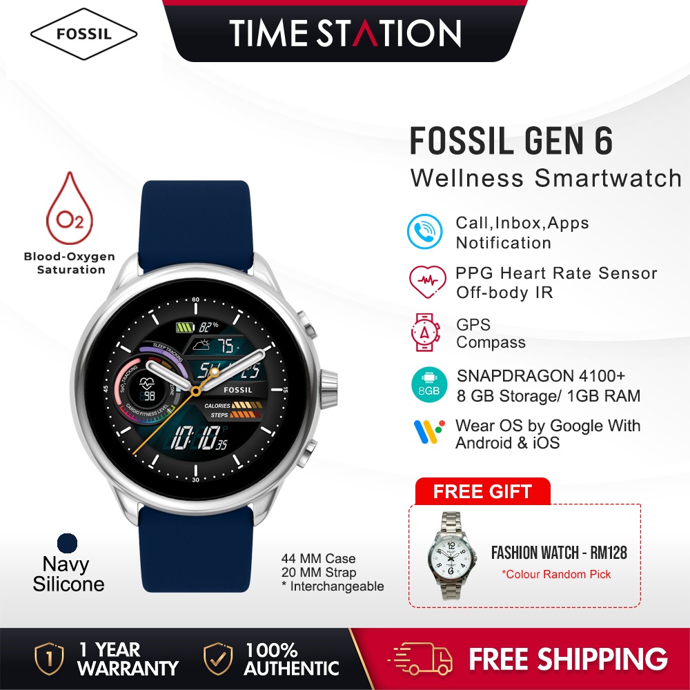 Fossil Gen 6 FTW4070 Navy Silicone Wellness Edition Waterproof ...