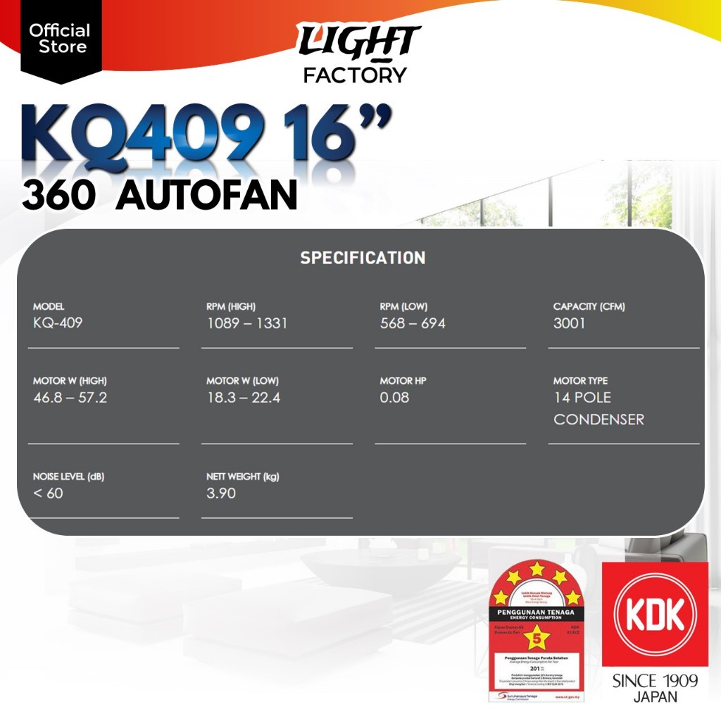 🔥SIRIM🔥KDK KQ409 Regulator Auto Fan KQ-409 16" 5 Speed / DECOR A68 16 ...