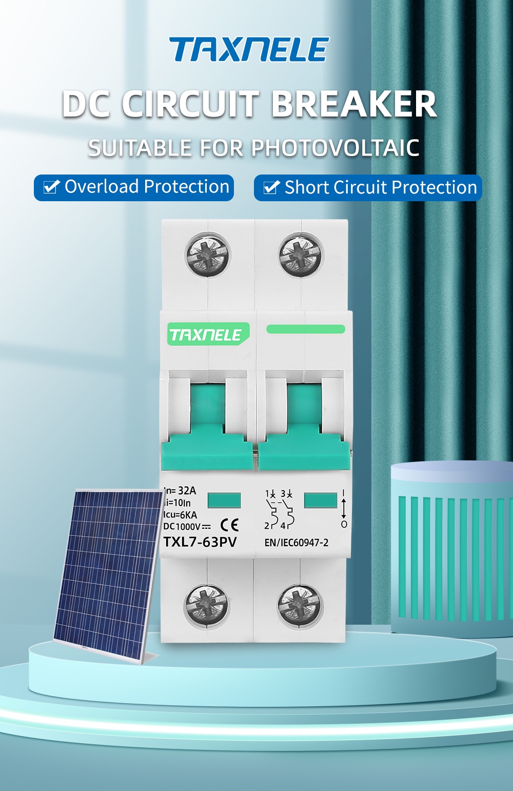 2P DC 1000V L7 MCB Solar Mini Circuit Breaker Overload Protection ...