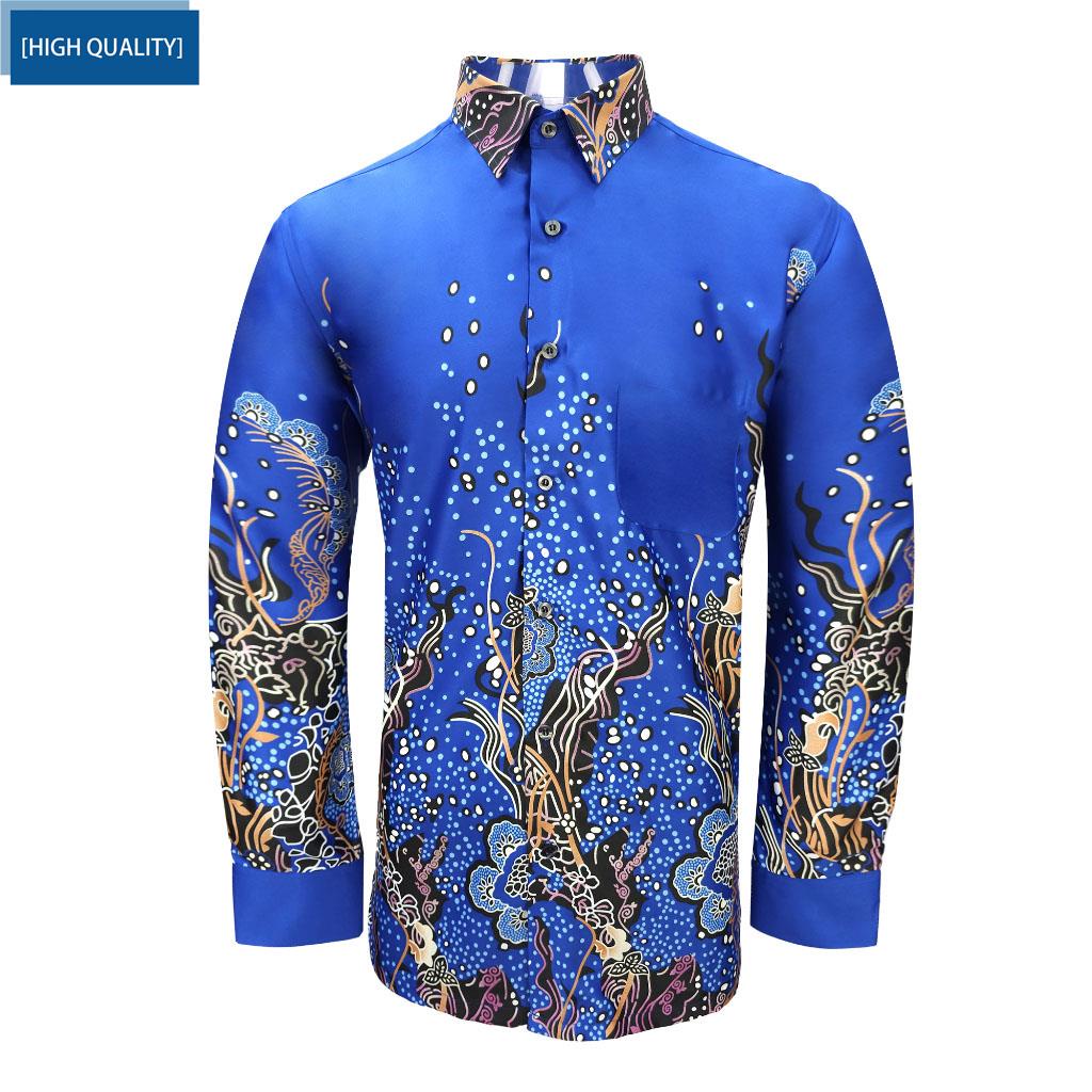(Regular) Blue Color Malaysia Men Batik Long Sleeve Kemeja Batik Lelaki ...