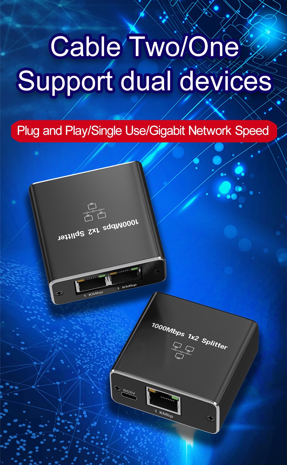 BENOSEM Gigabit Ethernet Lan Splitter 1 to 2 Rj45 Adapter 1000Mbps 1×2 ...