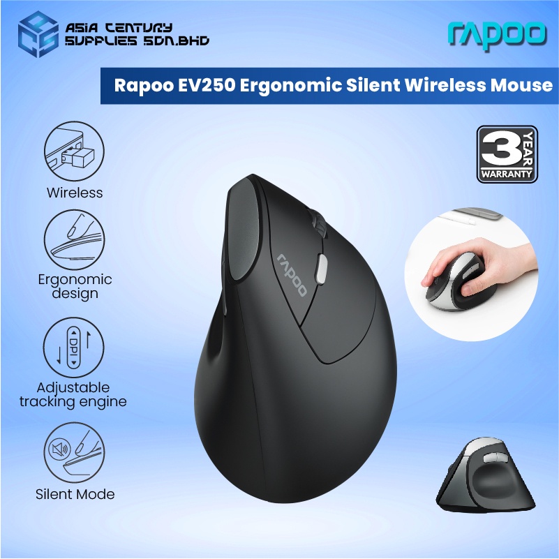 Rapoo EV250 Ergonomic Vertical Wireless Mouse 6 Buttons 1600 DPI Optical Silent Click Mice - 3 ...