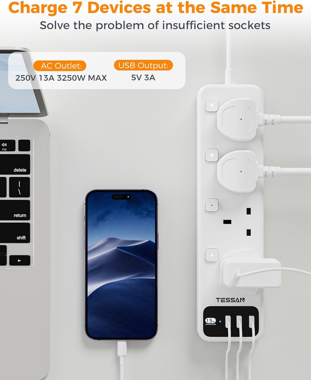 TESSAN Extension Plug Power Socket Extension Cord with 3 USB Slots ...