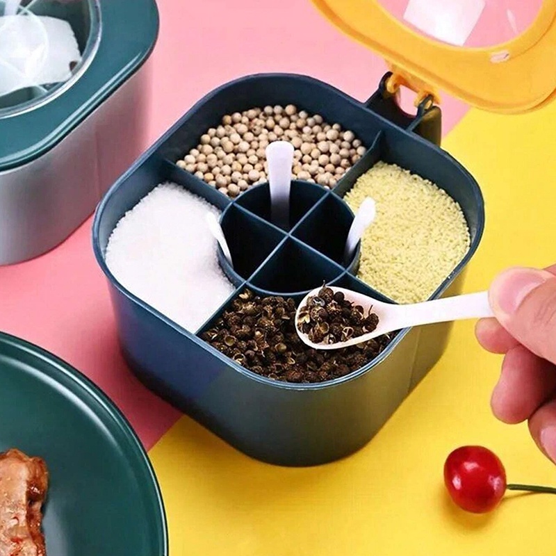 4 In 1 Seasoning Box with Spoon Spice Jar Multi Compartment Salt Pepper ...