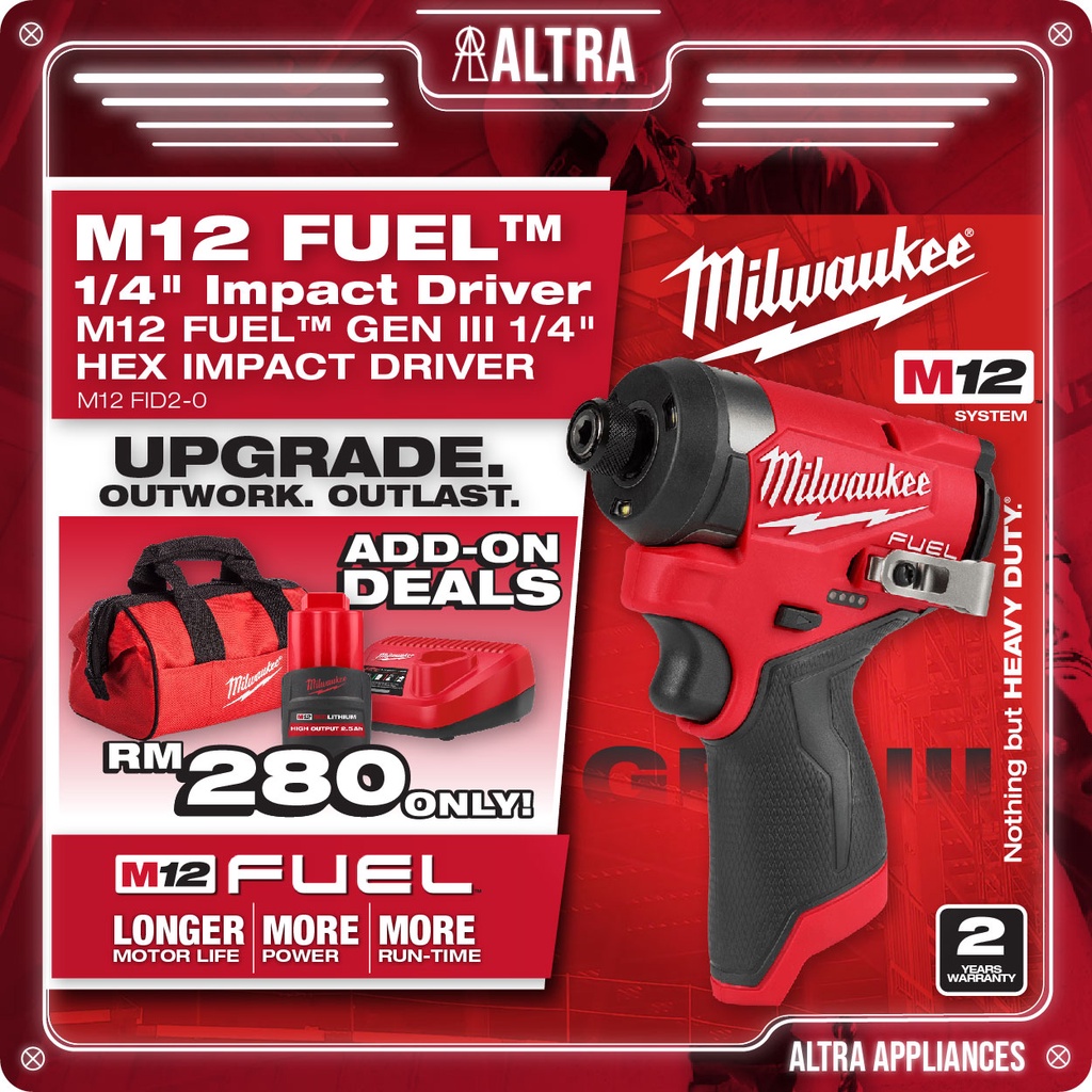 Milwaukee M12 FUEL™ Gen III 1/4" Hex Impact Driver M12 FID2-0 GEN3 [169 ...