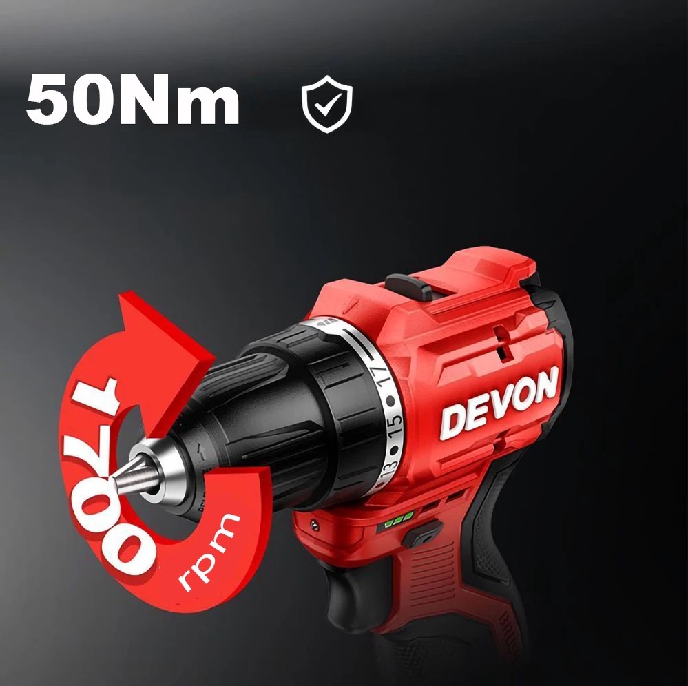 DEVON 12V 50Nm Cordless Drill Driver 5208-Li-12 Dual Speed Brushless ...