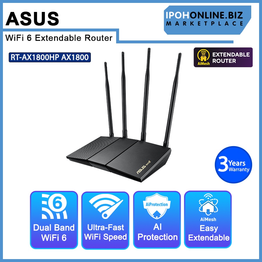 ASUS RT-AX1800HP AX1800 Dual Band WiFi 6 Extendable Router ...