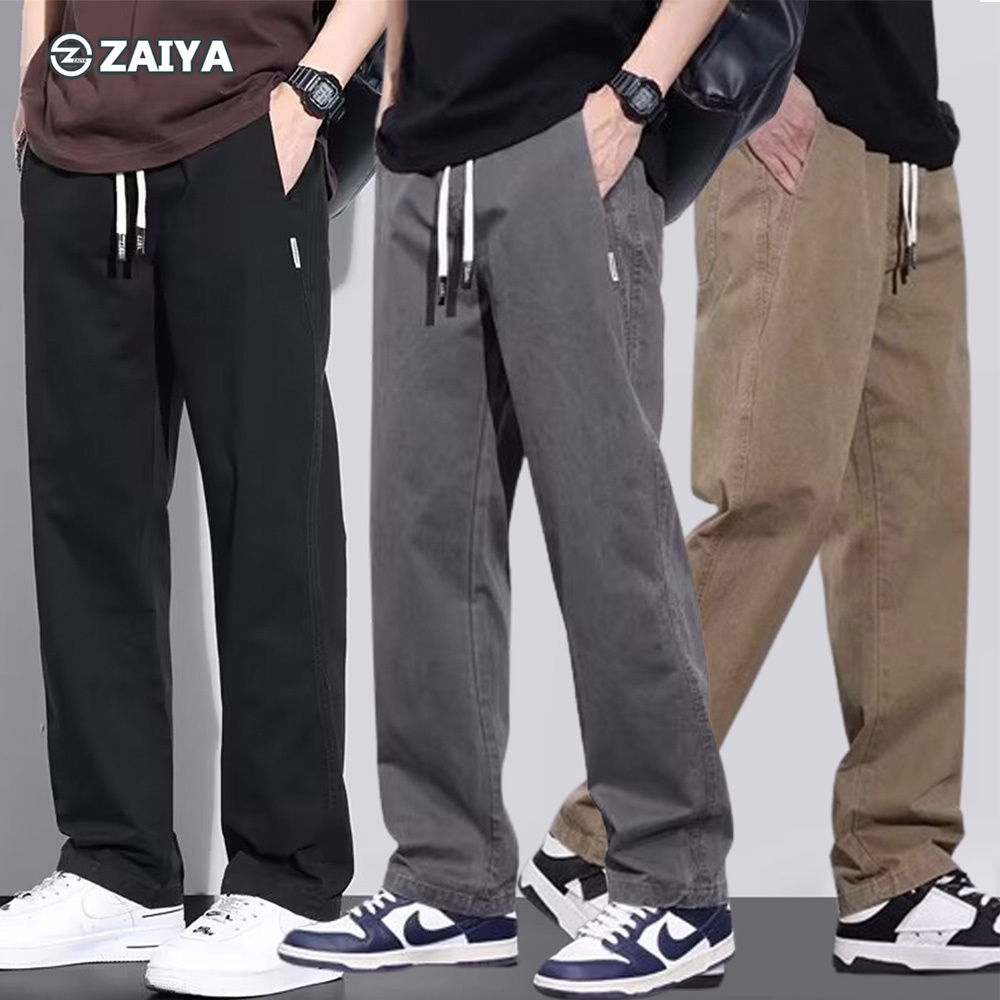 LEO Men Long Pants Cotton Loose Straight Cut Baggy Cargo Kerja Casual ...