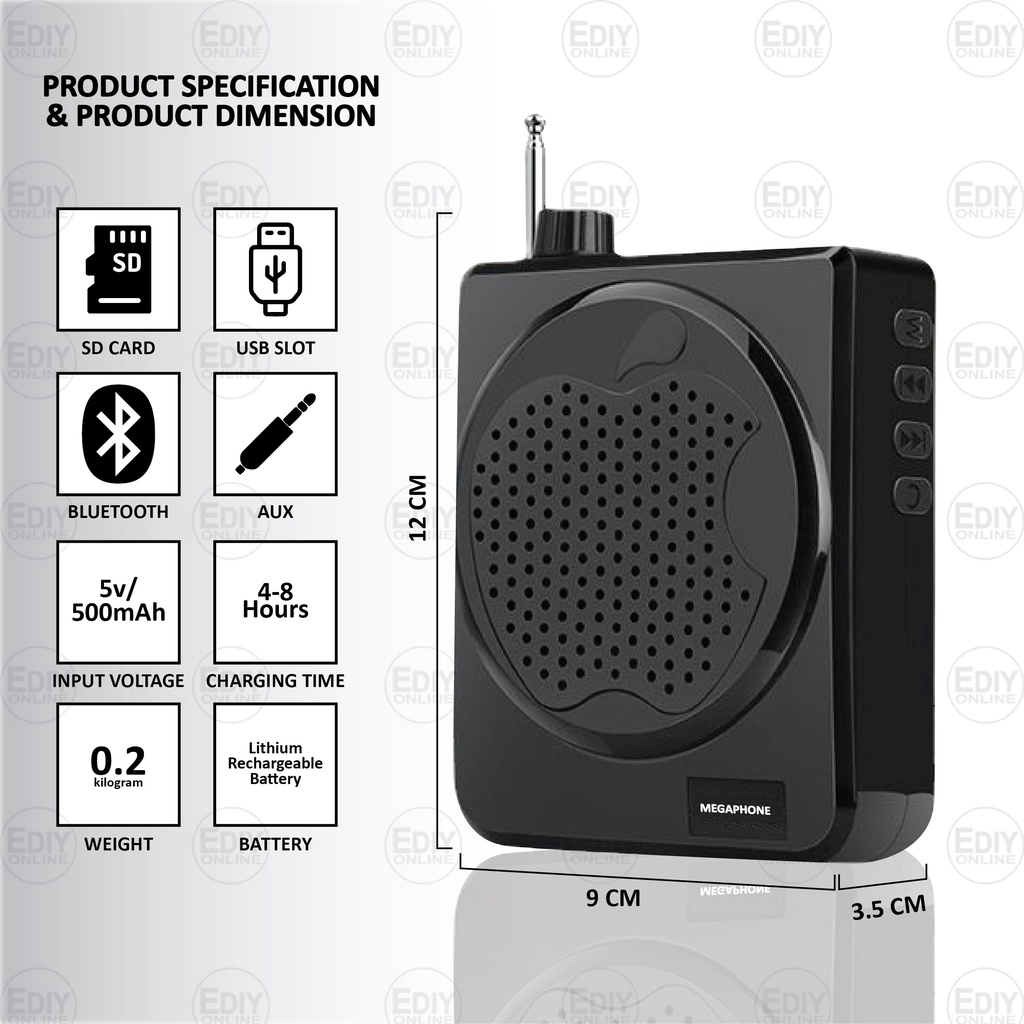 Voice Amplifier Microphone Megaphone Bluetooth Loud Speaker Mic Teacher ...