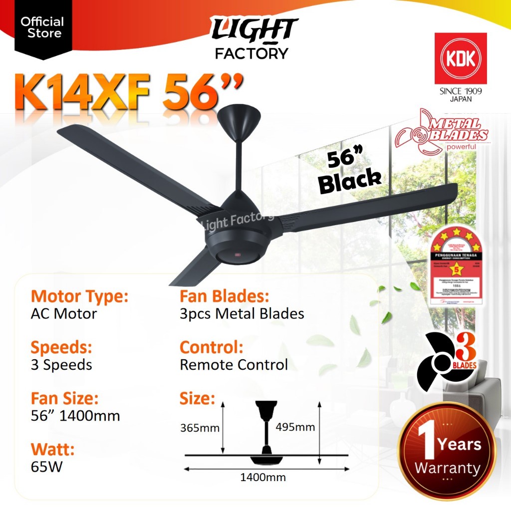 🔥NEW🔥KDK K14XF 56'' 3 Blades AC Motor Ceiling Fan with 3 Speeds Remote ...