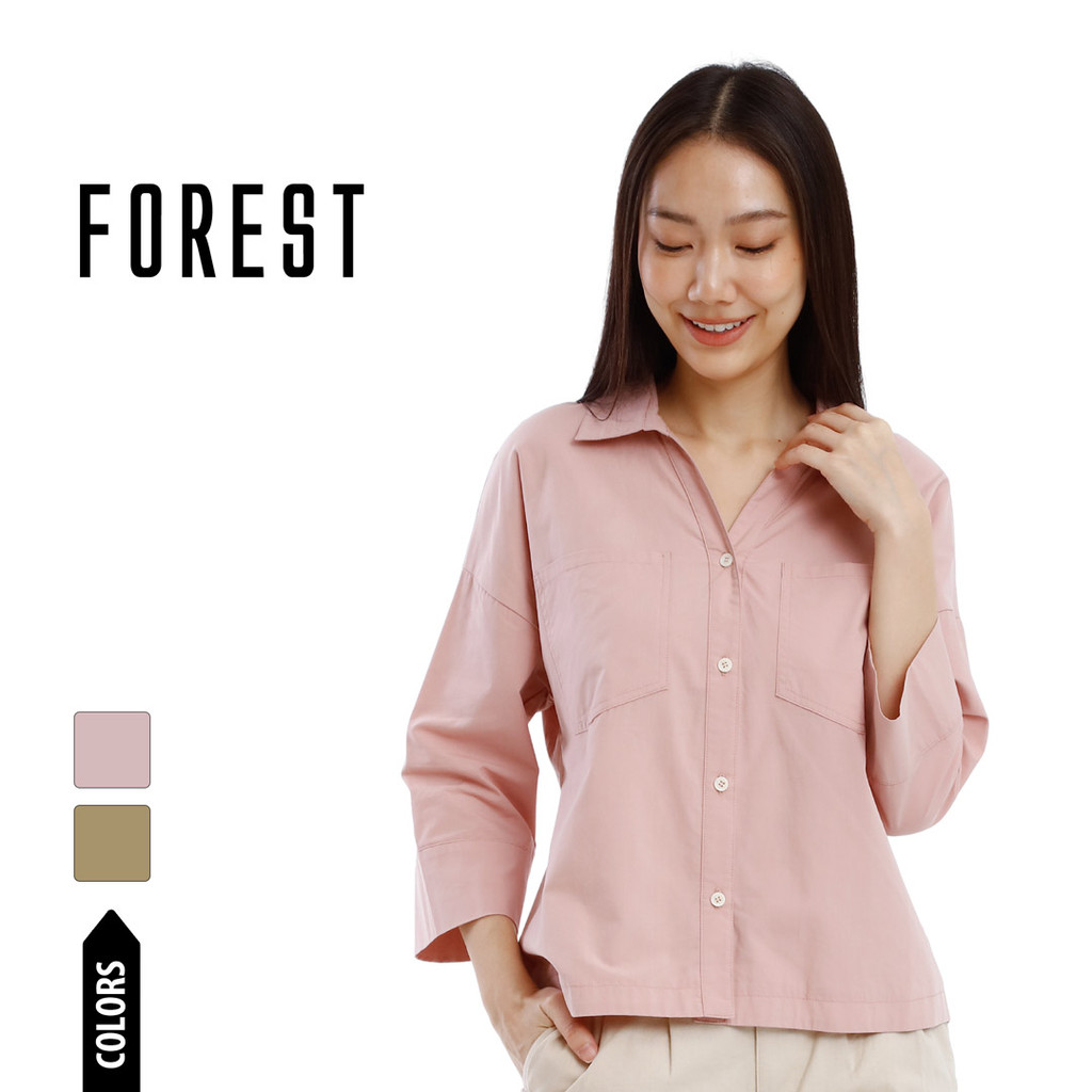 Forest Blaus Perempuan | Forest Modal Cotton 3/4 Sleeve Pocket Blouse ...