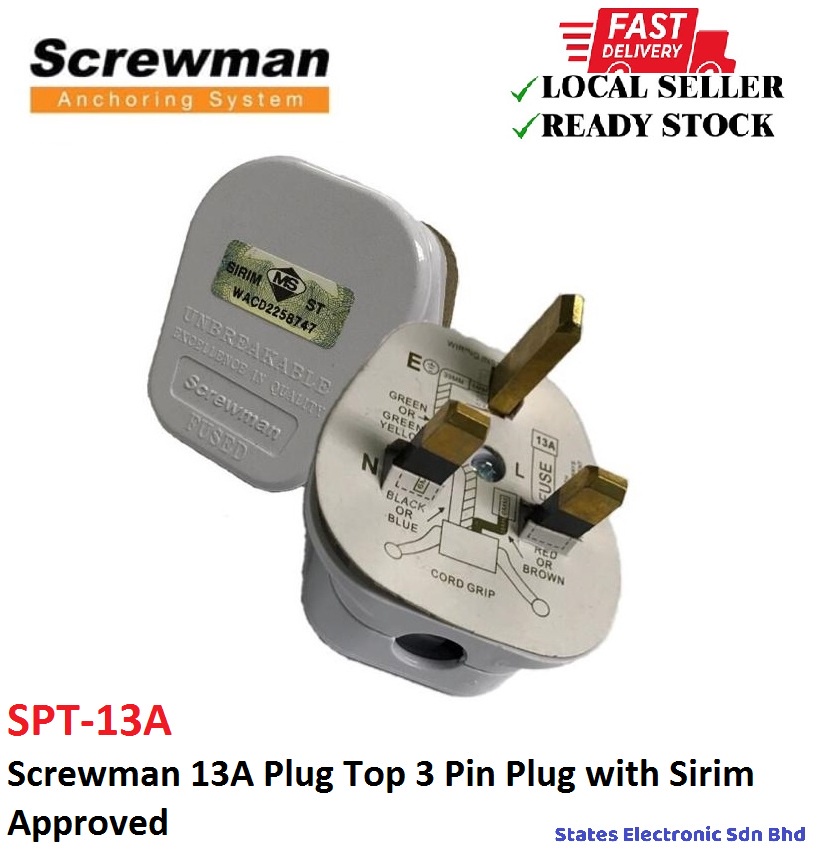 Screwman 13A Plug Top 3 Pin Plug with Sirim Approved - SPT-13A | Shopee ...