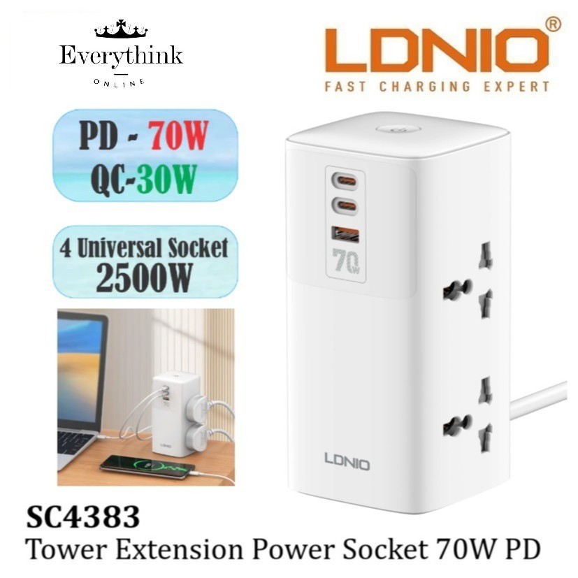 LDNIO SC4383 TOWER EXTENSION POWER SOCKET 70W 2USB-C TYPE C & USB-A ...
