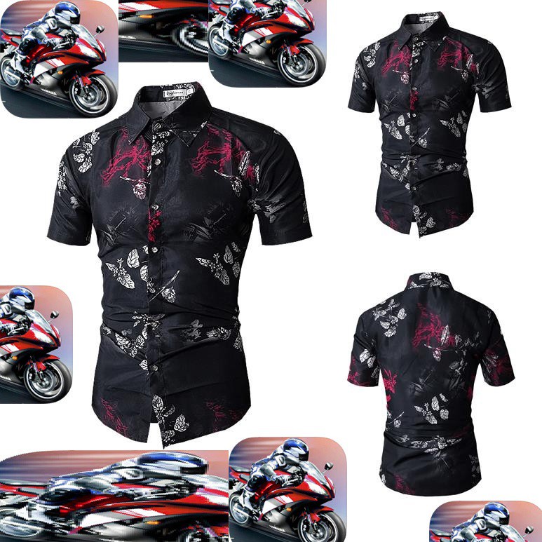 【Ready Stock】 Kemeja Lelaki batik bunga flora hitam gelap baju jalan ...