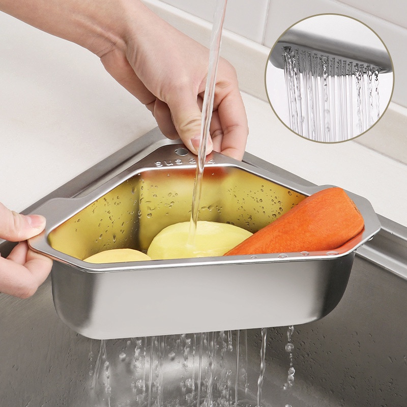 304 Stainless Steel Kitchen Sink Drain Basket Triangle Hanging Corner ...