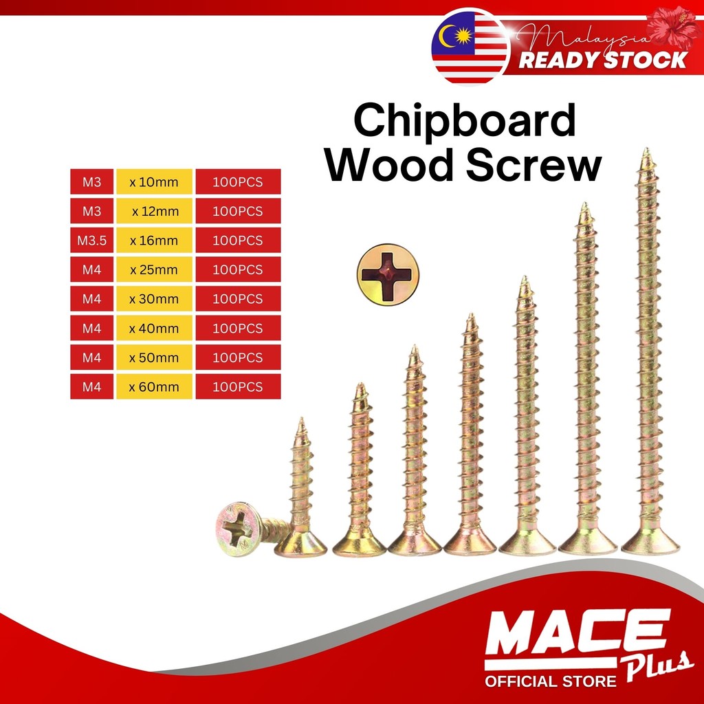 100PCS M3 M3.5 M4 Chipboard Wood Screw Self Tapping Flat Head 10 - 65mm ...