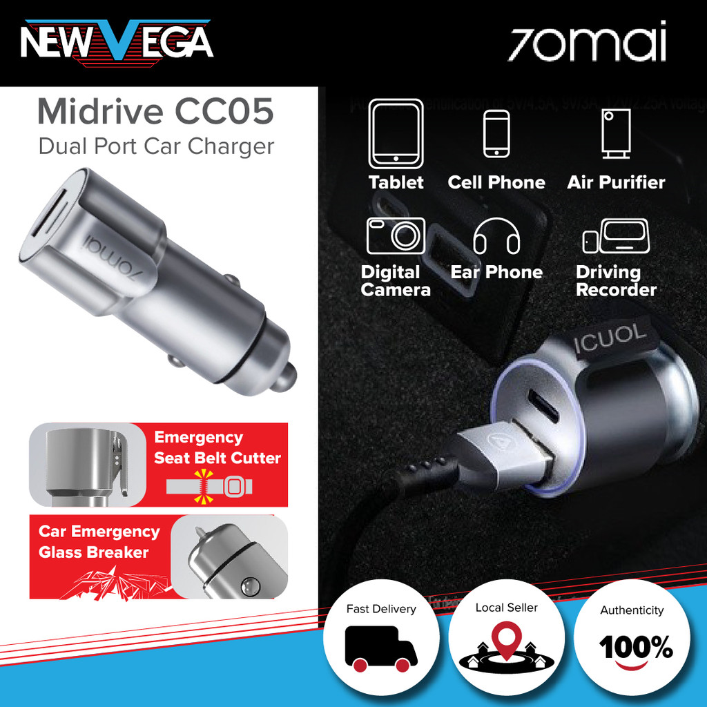 70mai Midrive CC05 Car Charger Fast Charging Double USB Ports Emergency ...