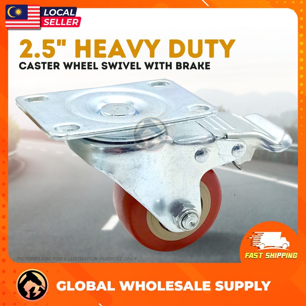 2.5" Heavy Duty Rubber Caster Wheel Swivel With Brake Ball Bearing ...