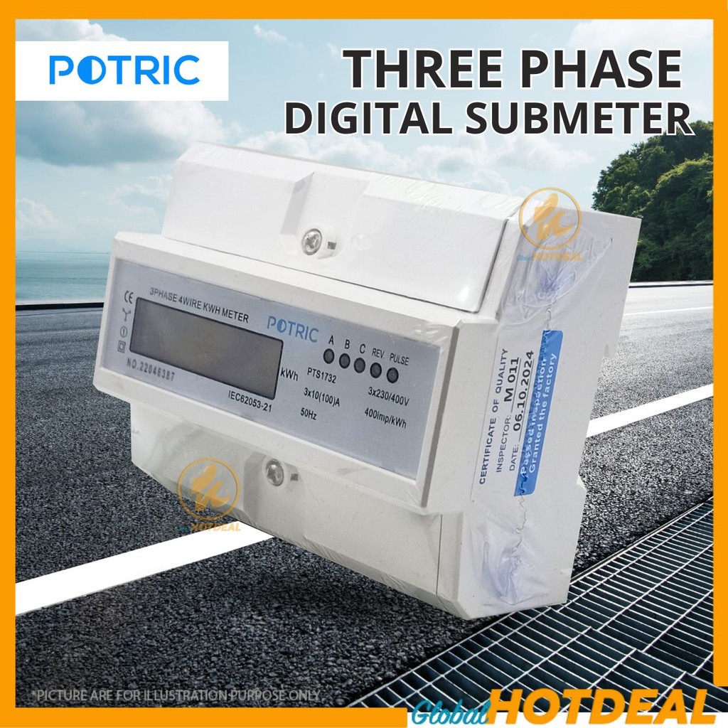 POTRIC Three Phase Kilowatt Hour Meter Rail Type PTS Series 3Phase Digital Sub-Meter 3 Phase 4P ...