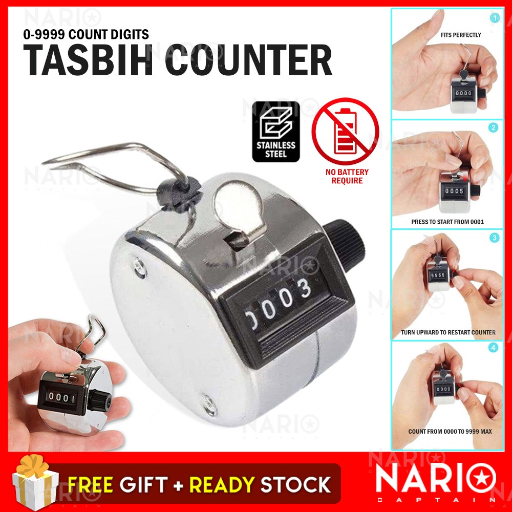 NARIO Rust-Proof 4 Digits Hand Held Tally Counter No Battery Require ...