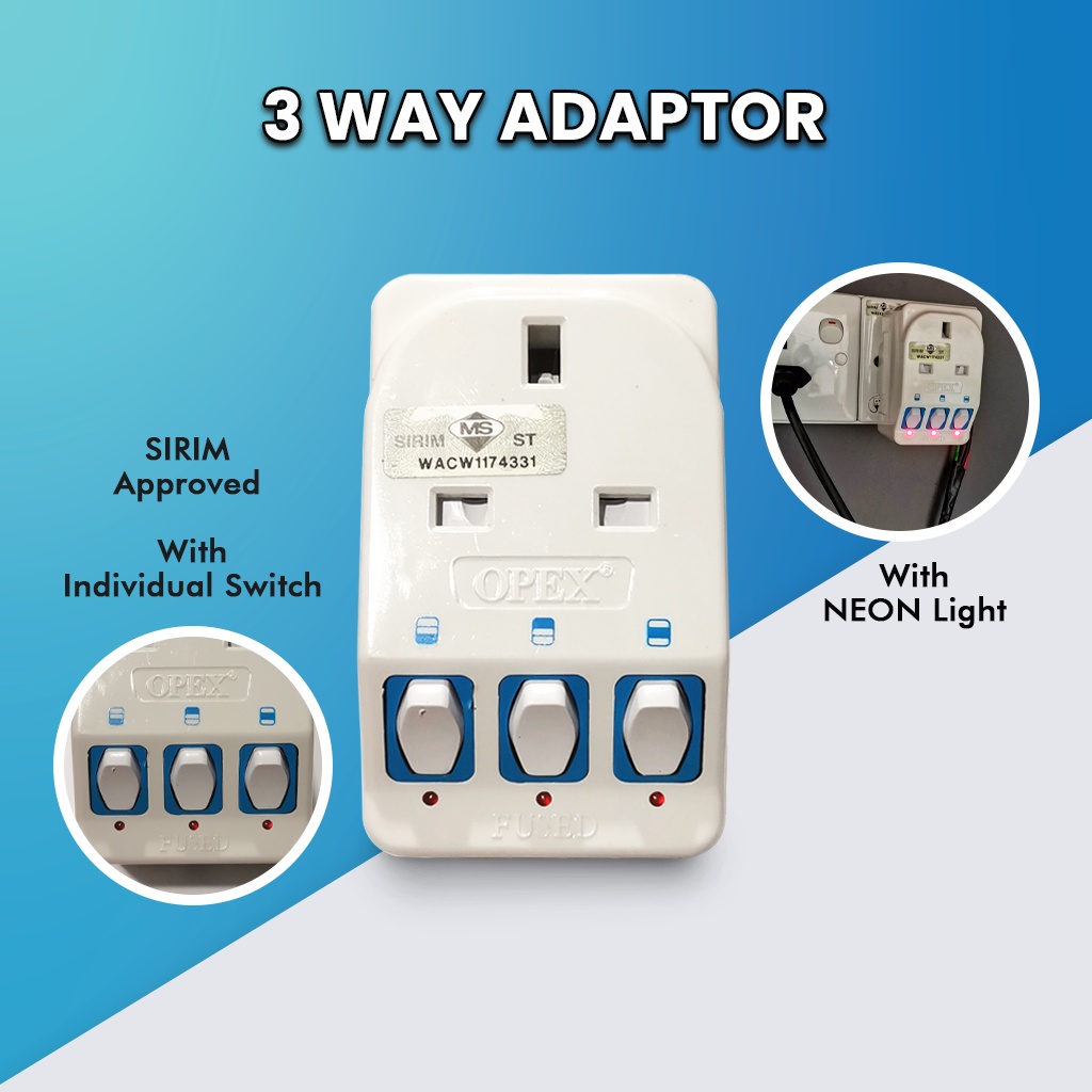 Sirim Approved 3 Way Adaptor Individual On Off Switch With Neon Light 13a Adapter 3 Pin Socket