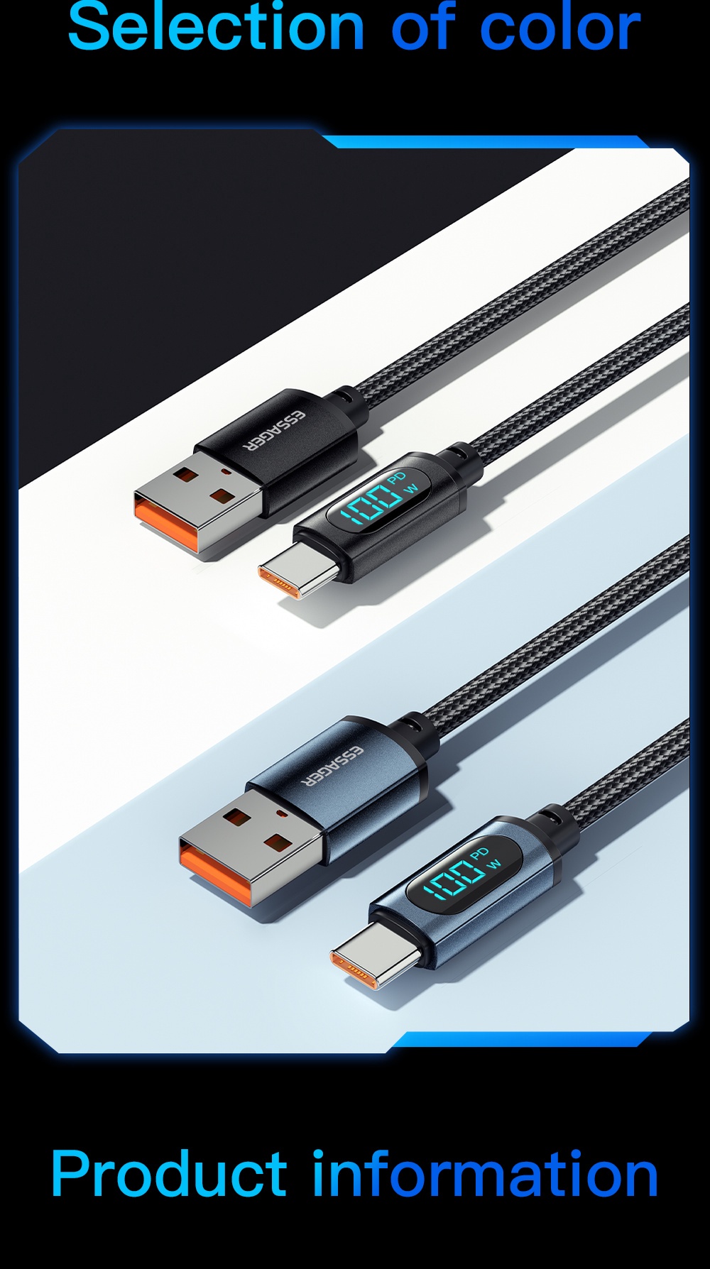 Essager 7A 100W USB to Type C Cable Digital Display QC PD Fast Charger ...