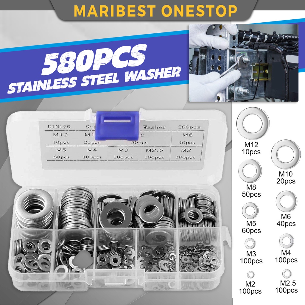 580PCS Flat Washer Stainless Steel Washer Nut Flat Gasket Ring Washer ...