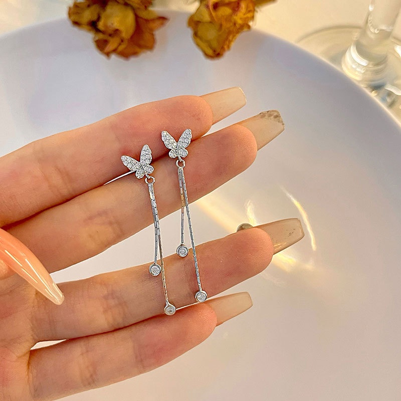 JOJO COCO S925 Silver Needle Ins Women's Butterfly Tassel Earrings New Fashion Style Round Face ...