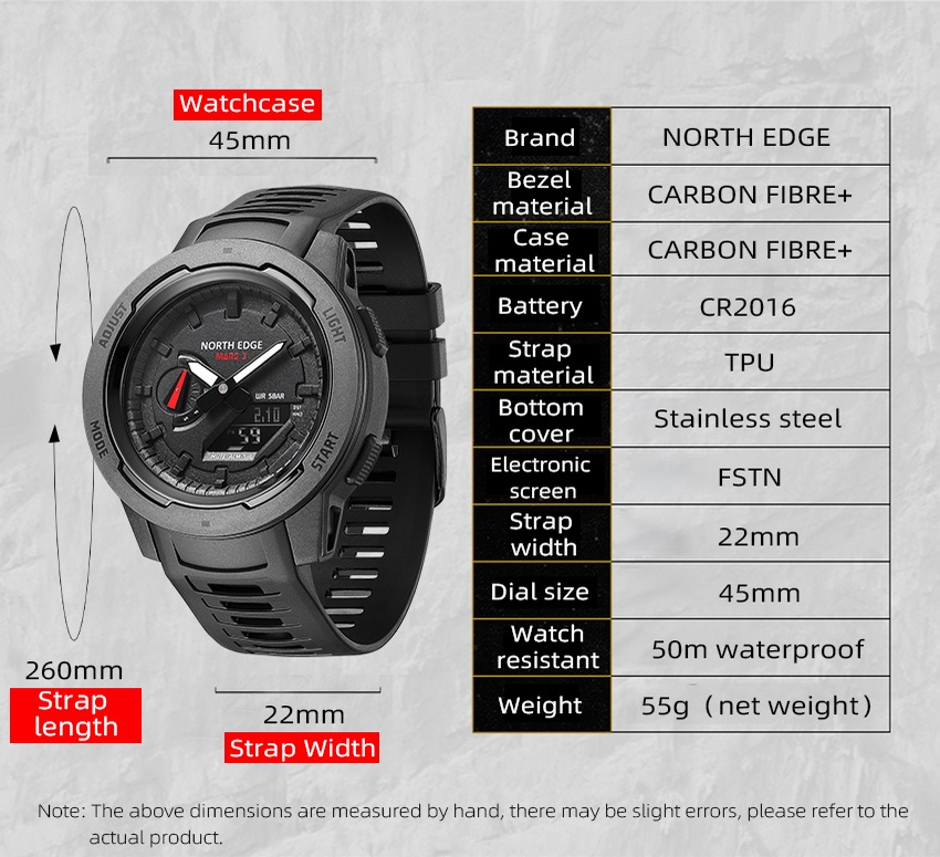 NORTH EDGE Mars 3 Outdoor Sports Watch Waterproof 50M Digital Carbon ...