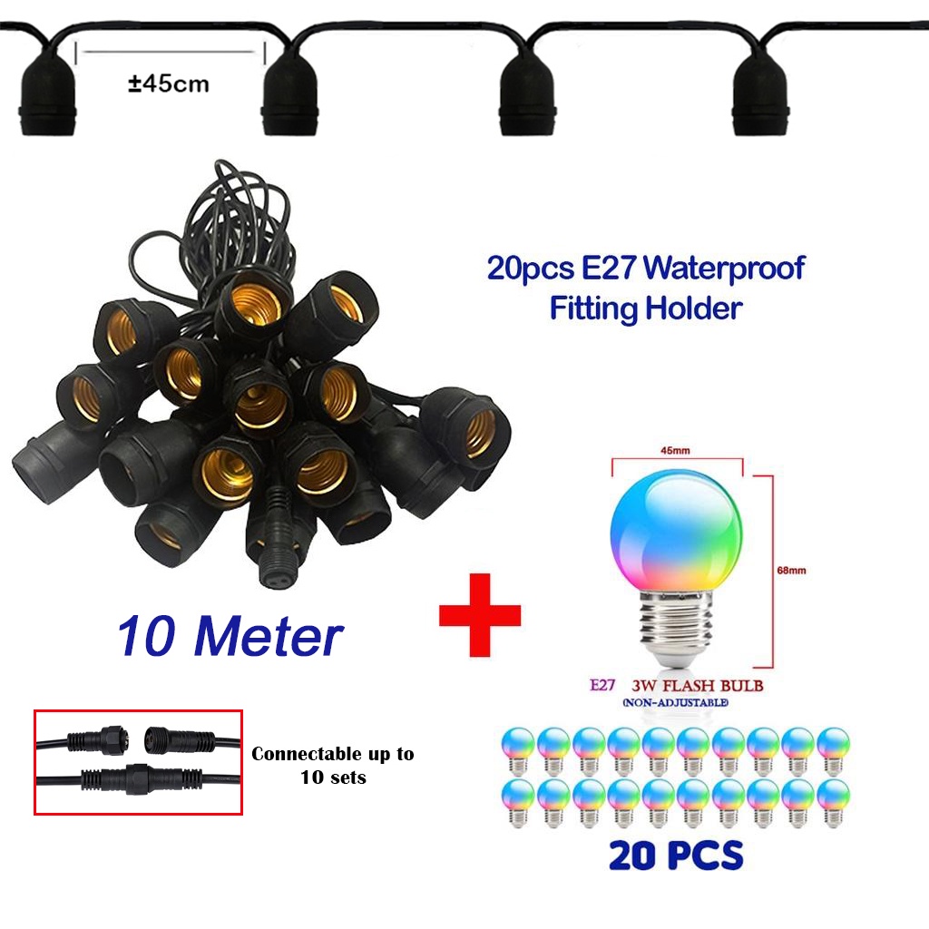 10M 5M Outdoor Hanging String Light Bulb Holder Set Lampu Raya ...