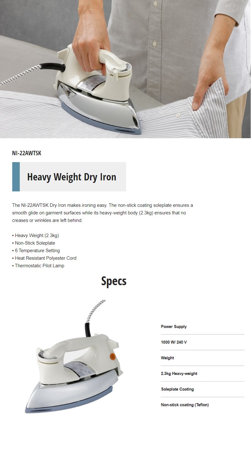 Panasonic NI-22AWT Heavy Weight Dry Iron Non-Stick Soleplate (2.3kg ...