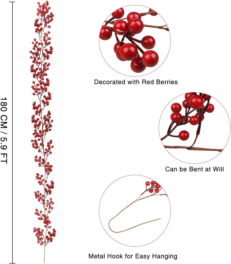 5.9FT/180cm Red Berry Christmas Garland Decorations, Christmas ...