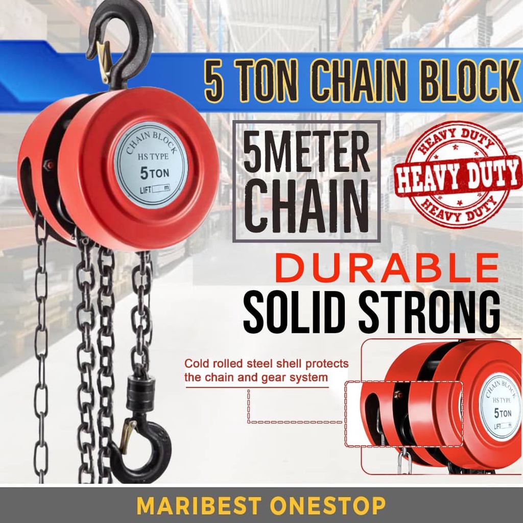 5Ton Heavy Duty Chain Block Lifting 5 Meter HS-type Chain Hoist Rantai ...