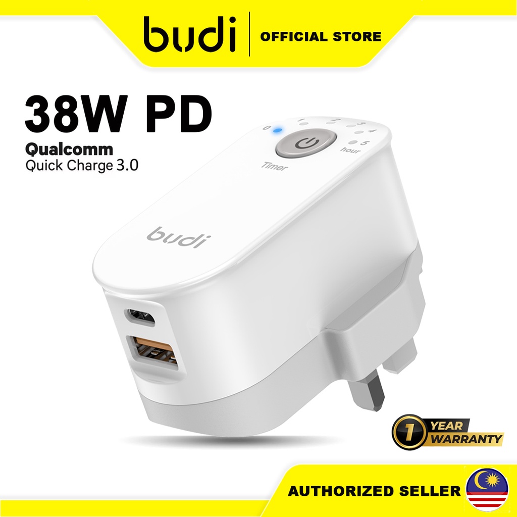 BUDI AC030TUW Type C Adapter QC 3.0 USB Port 18W PD Fast Charging Timer ...