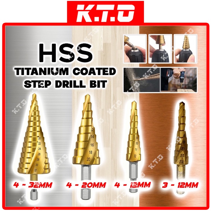 HSS Steel Step Drill Bit Titanium Coated / Steel Straight Spiral Hex Round Shank Metal Cone Hole ...