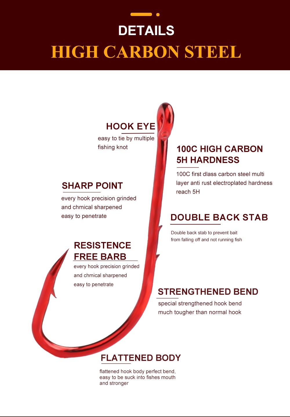 FTK 92672 Fishing Hook Ringed High Carbon Steel Barbed Baitholder Hook ...