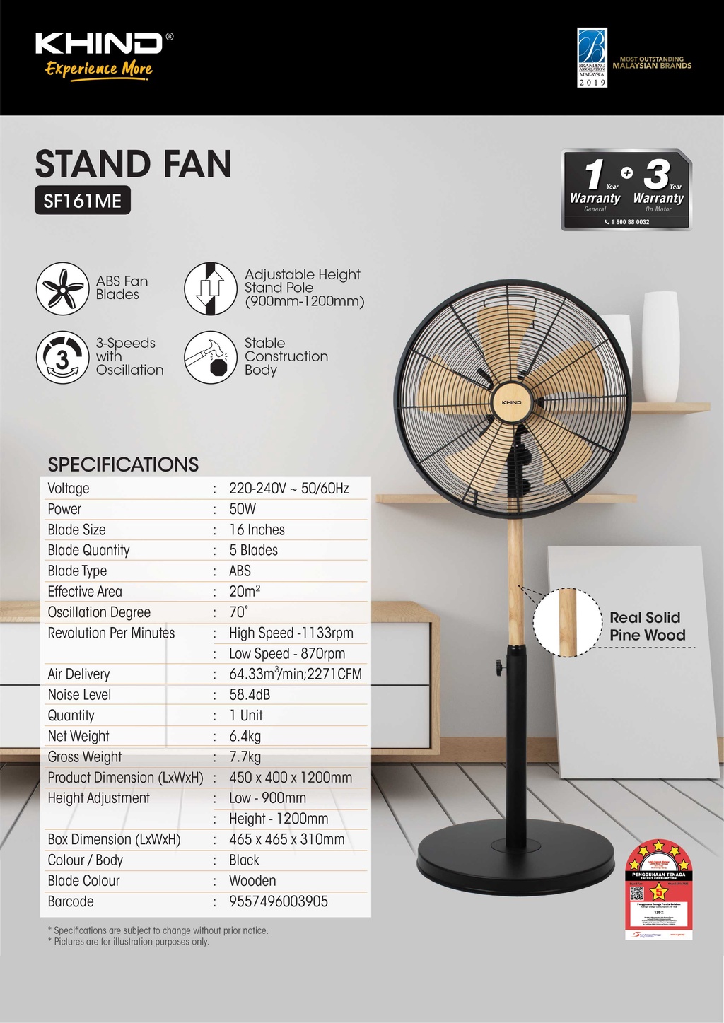Khind 16 Inch Modern Design Stand Fan ABS Blade SF161ME | Shopee Malaysia
